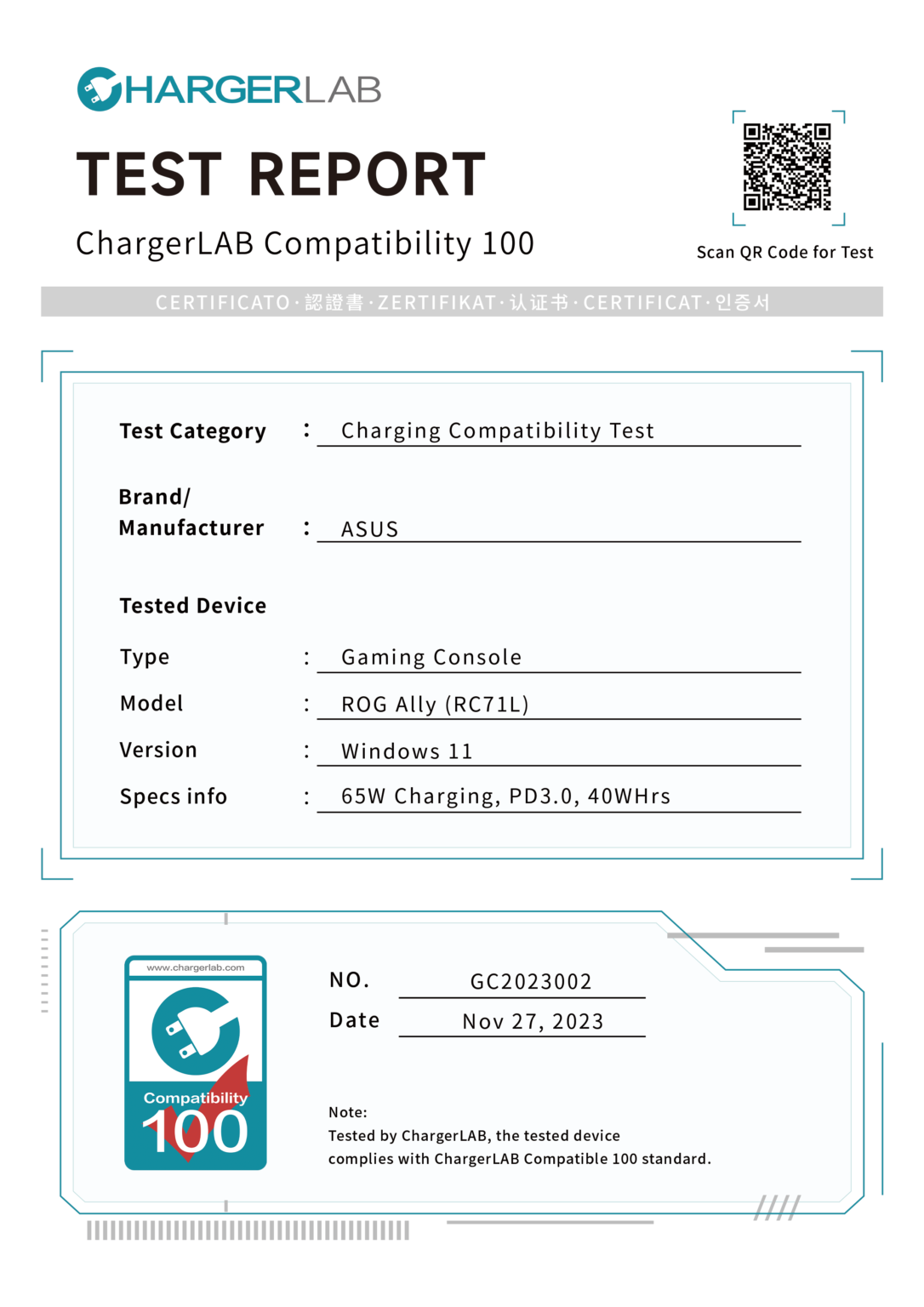 ROG Ally Charging Test - ChargerLAB Compatibility 100 - Chargerlab