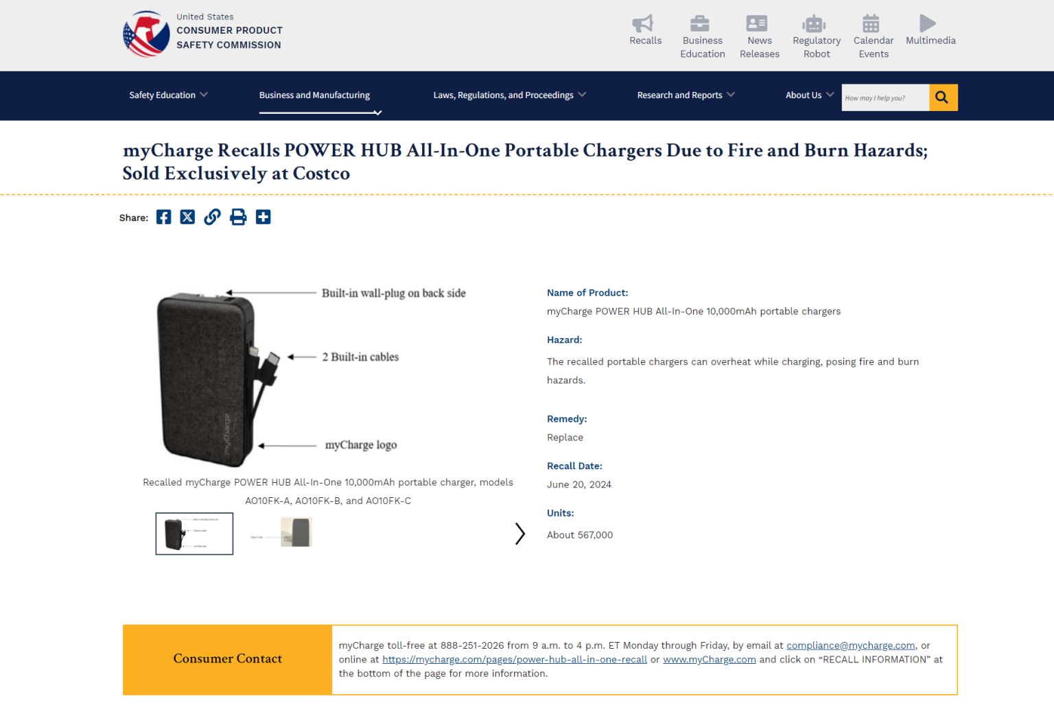 myCharge Recalls POWER HUB ALL-In-One Portable Chargers Due to Fire and ...
